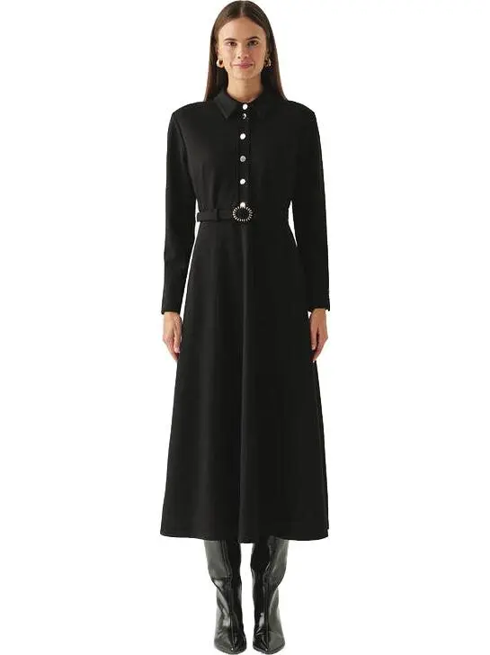EXQUISE Georgina Knit Shirt Collar Dress With Belt - Black