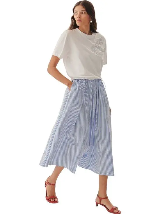 EXQUISE Crew Neck Short Sleeve Embroidered Midi Dress - Blue-white