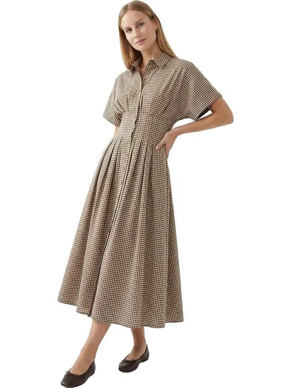 EXQUISE Tailored Checked Shirt Dress - Cream-mink