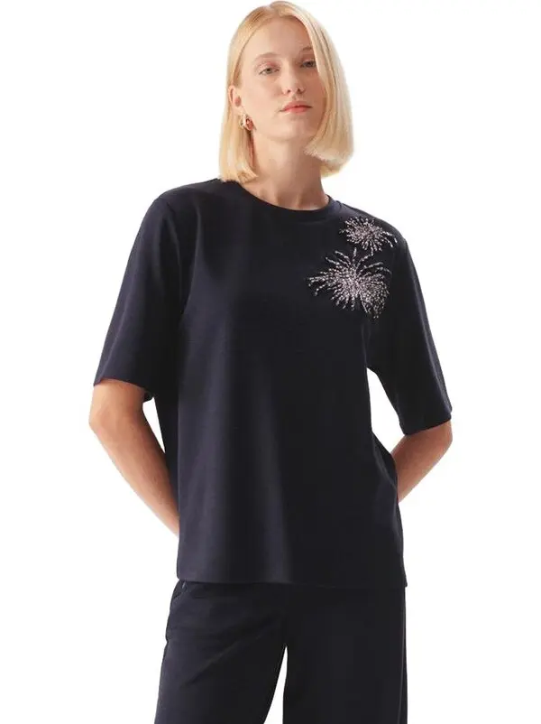 EXQUISE Madilyn Minimalist Sparkle Accent T-shirt - Navy Blue