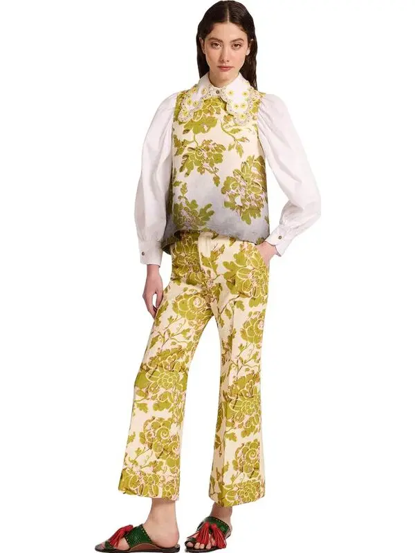 La DoubleJ Hendrix Floral Print Cropped Flare Trousers - Oasis Green