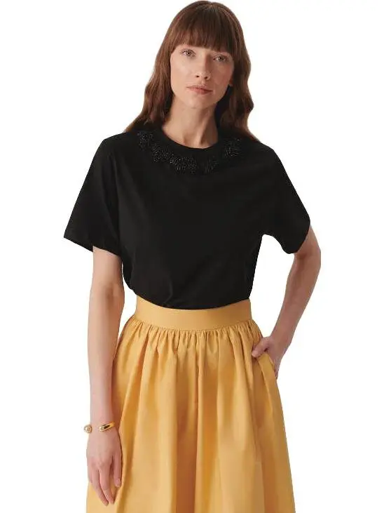 EXQUISE Liliana Knit T-shirt With Embellished Neckline - Black