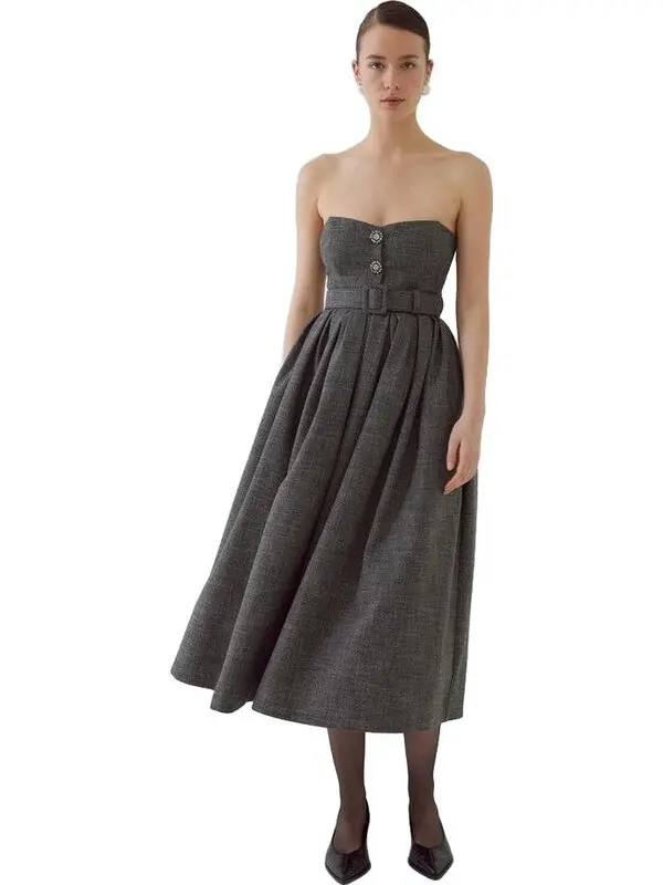 EXQUISE Strapless Belted Midi Dress - Anthracite