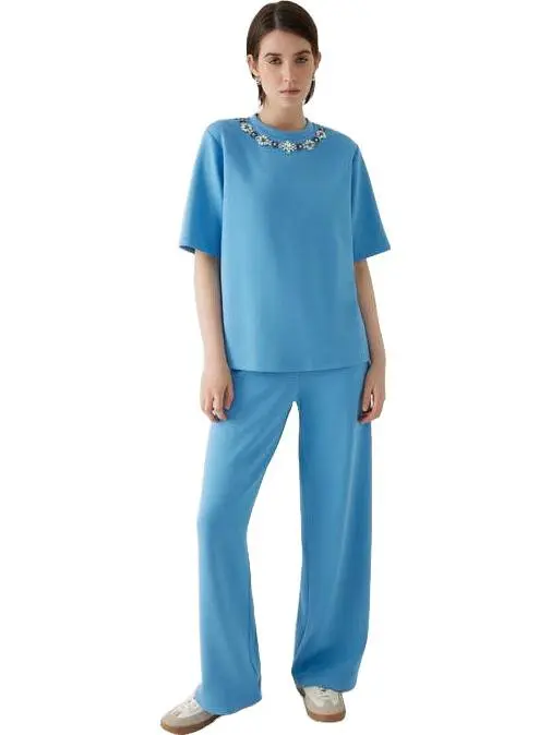 EXQUISE Crystal Embellished T-shirt - Blue