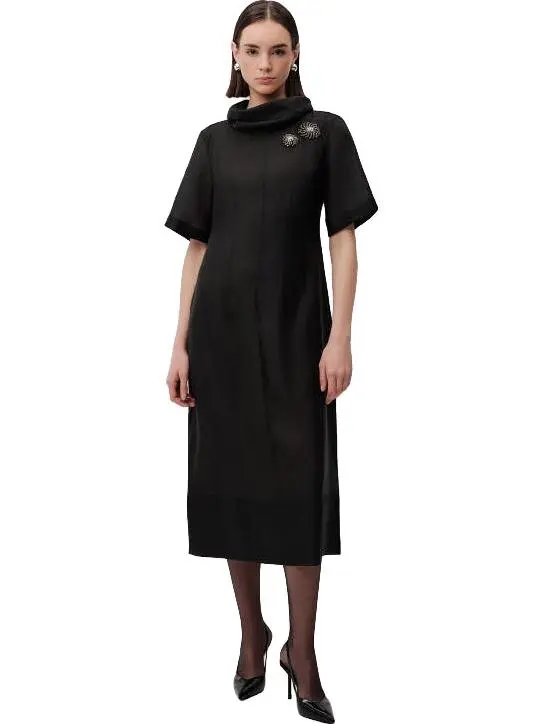 EXQUISE High Neck Long Sleeve Dress - Black