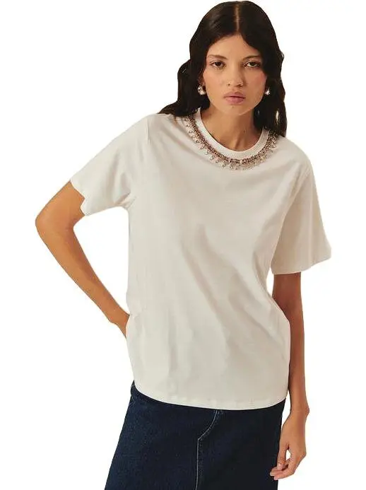 EXQUISE Embellished Crewneck T-shirt - White