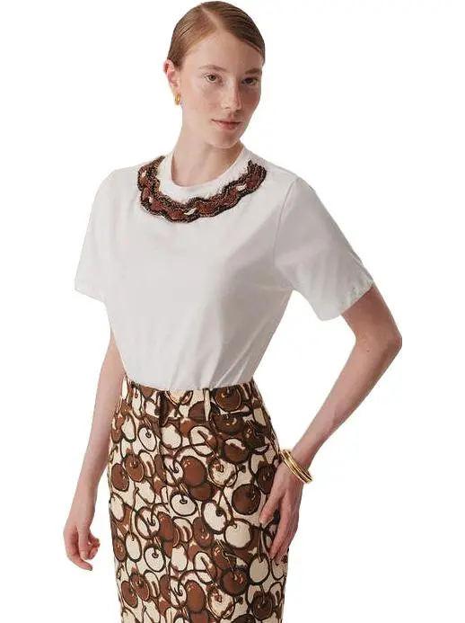 EXQUISE Embellished Neck Cotton T-shirt - White