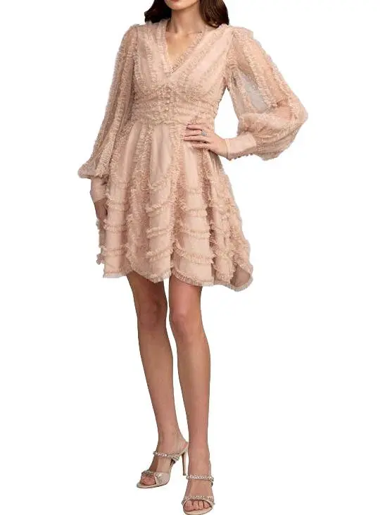 Mac Duggal Ruffled V-neck Long Sleeve Mini Dress - Bisque