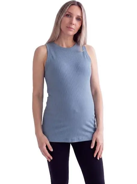 24SEVEN COMFORT APPAREL Maternity Ribbed Knit Round Neck Sleeveless Tank Top - Denim