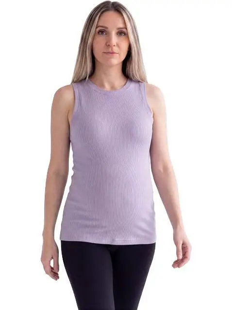 24SEVEN COMFORT APPAREL Maternity Ribbed Knit Round Neck Sleeveless Tank Top - Lilac