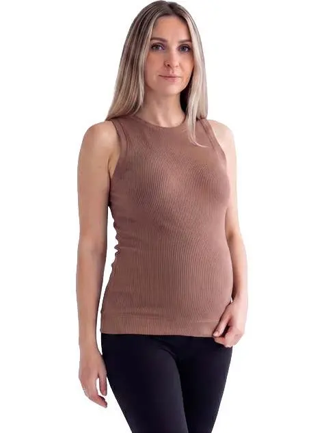 24SEVEN COMFORT APPAREL Maternity Ribbed Knit Round Neck Sleeveless Tank Top - Mocha