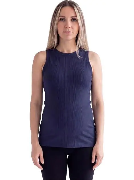 24SEVEN COMFORT APPAREL Maternity Ribbed Knit Round Neck Sleeveless Tank Top - Navy