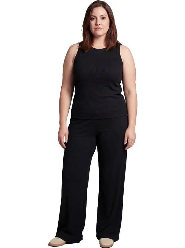 24SEVEN COMFORT APPAREL Ribbed Knit Tank Top And Wide Leg Pant Set - Black