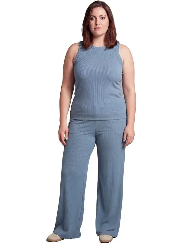 24SEVEN COMFORT APPAREL Ribbed Knit Tank Top And Wide Leg Pant Set - Denim