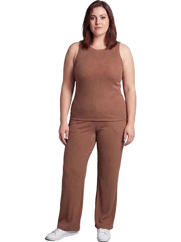 24SEVEN COMFORT APPAREL Ribbed Knit Tank Top And Wide Leg Pant Set - Mocha
