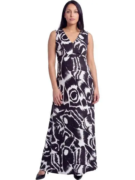 24SEVEN COMFORT APPAREL Maternity Abstract Print V-neck Sleeveless Empire Waist Maxi Dress - Black Multi