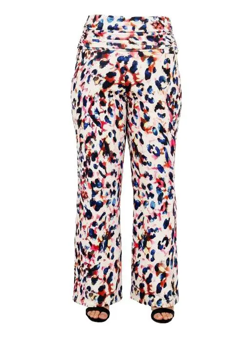 24SEVEN COMFORT APPAREL Cheetah Print Foldover Waist Wide Leg Pants - White Multi