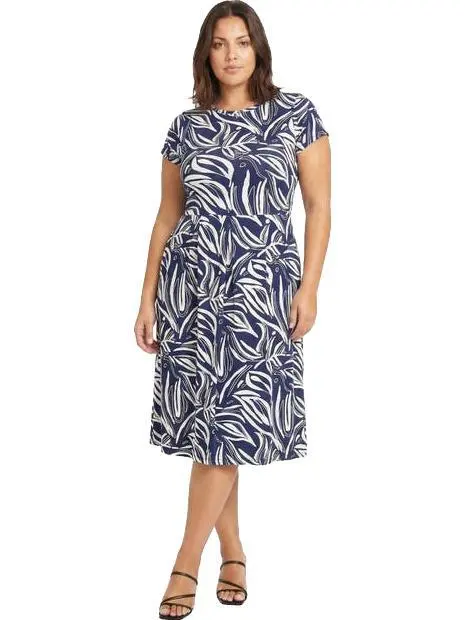 24SEVEN COMFORT APPAREL Abstract Print Short Sleeve Boat Neck Fit & Flare Midi Dress - Navy Multi