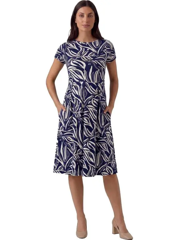 24SEVEN COMFORT APPAREL Abstract Print Boat Neck Midi Dress - Navy Multi