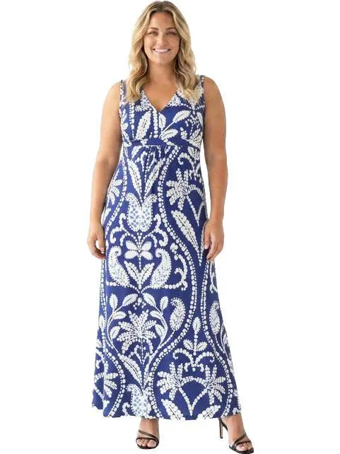 24SEVEN COMFORT APPAREL Sleeveless V-neck Empire Waist Maxi Dress With Paisley Print And Tie Back - Blue Multi