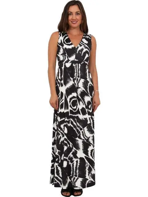 24SEVEN COMFORT APPAREL Abstract Print V-neck Sleeveless Maxi Dress - Black Multi