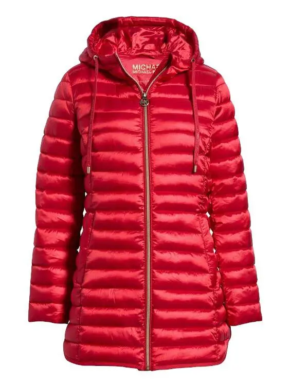 Michael Kors Packable Quilted Hooded Jacket - Crimson