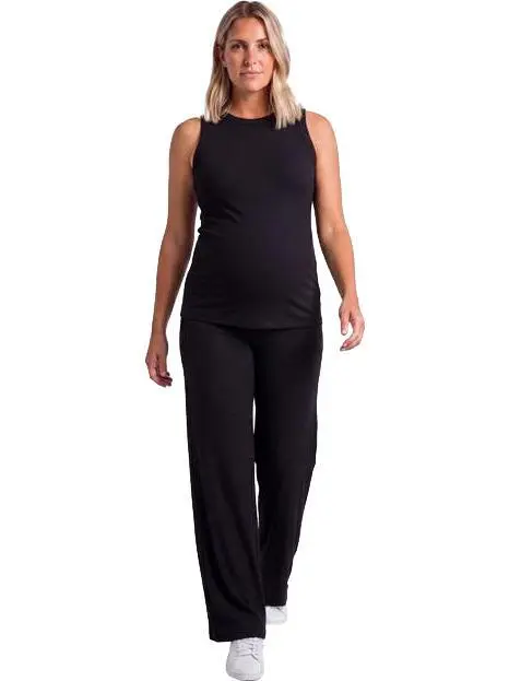 24SEVEN COMFORT APPAREL Ribbed Knit Maternity Tank Top And Wide Leg Pant Set - Black