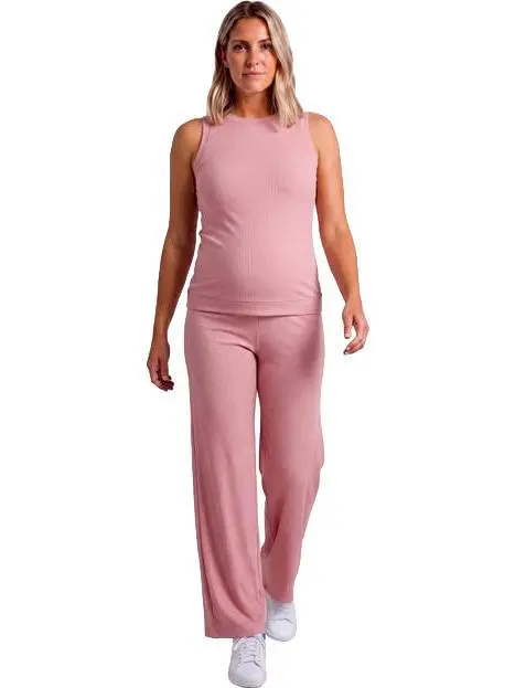 24SEVEN COMFORT APPAREL Ribbed Knit Maternity Tank Top And Wide Leg Pant Set - Blush