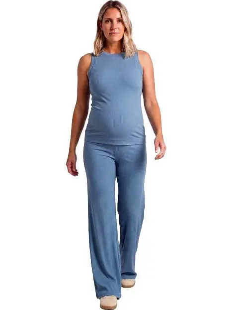 24SEVEN COMFORT APPAREL Ribbed Knit Maternity Tank Top And Wide Leg Pant Set - Denim