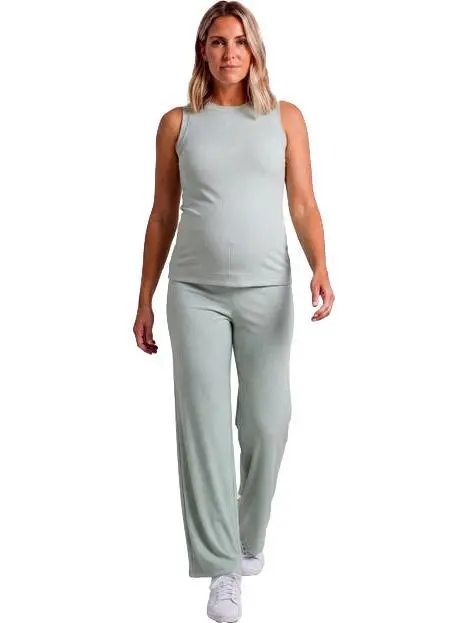 24SEVEN COMFORT APPAREL Ribbed Knit Maternity Tank Top And Wide Leg Pant Set - Mint