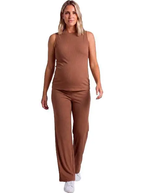 24SEVEN COMFORT APPAREL Ribbed Knit Maternity Tank Top And Wide Leg Pant Set - Mocha