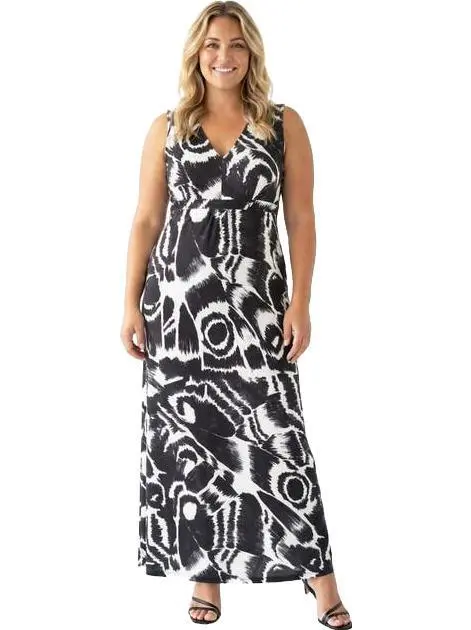 24SEVEN COMFORT APPAREL Abstract Print V-neck Sleeveless Maxi Dress - Black Multi