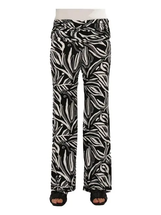 24SEVEN COMFORT APPAREL Black Abstract Print Foldover Waist Wide Leg Pants - Black Multi