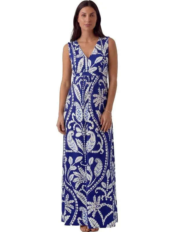 24SEVEN COMFORT APPAREL Abstract Print V-neck Sleeveless Maxi Dress - Blue Multi