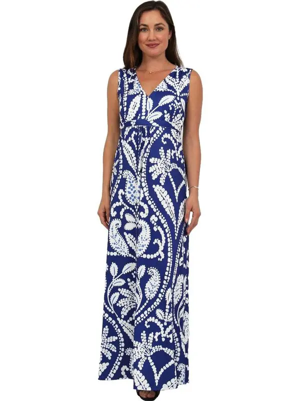 24SEVEN COMFORT APPAREL Paisley Print V-neck Maxi Dress - Blue Multi
