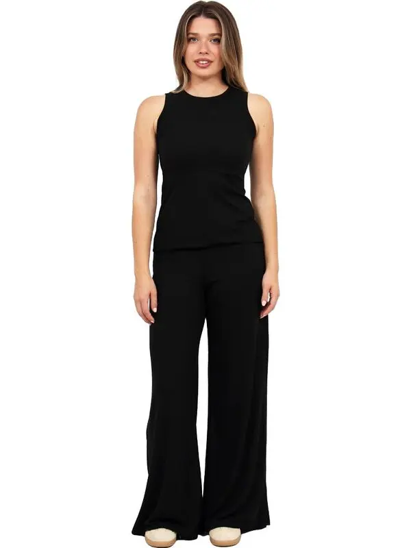 24SEVEN COMFORT APPAREL Ribbed Knit Tank Top And Wide Leg Pant Set - Black