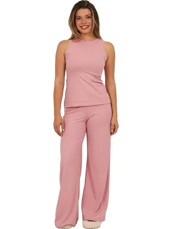 24SEVEN COMFORT APPAREL Ribbed Knit Tank Top And Wide Leg Pant Set - Blush