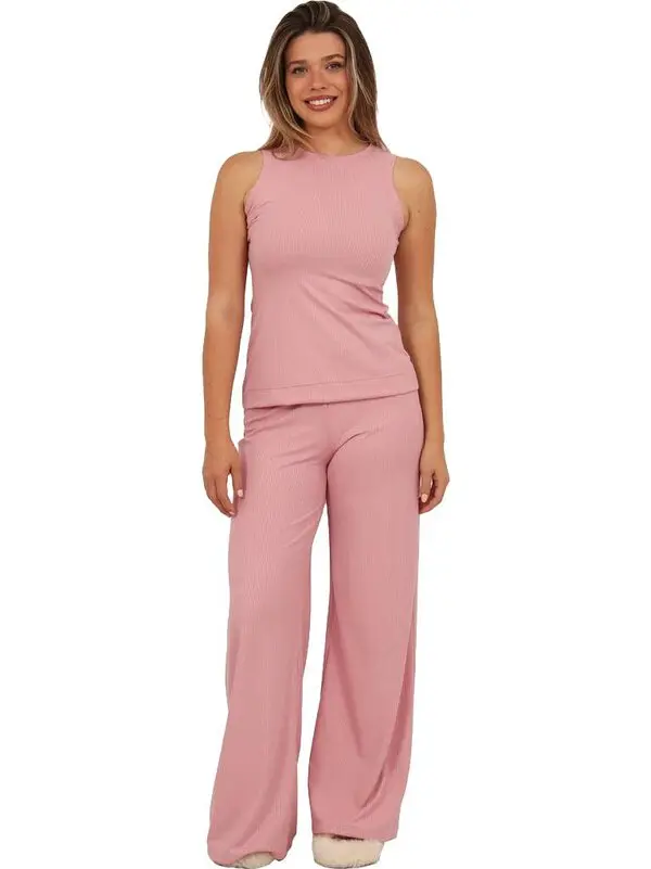24SEVEN COMFORT APPAREL Ribbed Knit Tank Top And Wide Leg Pant Set - Blush