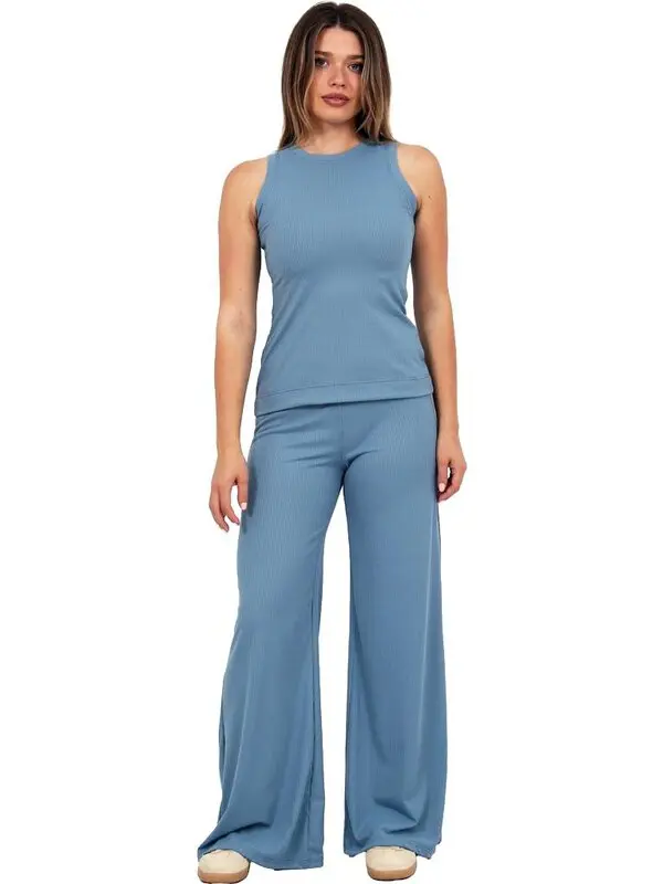 24SEVEN COMFORT APPAREL Ribbed Knit Tank Top And Wide Leg Pant Set - Denim