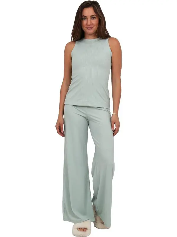 24SEVEN COMFORT APPAREL Ribbed Knit Tank Top And Wide Leg Pant Set - Mint
