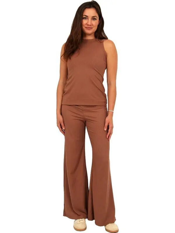 24SEVEN COMFORT APPAREL Ribbed Knit Tank Top And Wide Leg Pant Set - Mocha