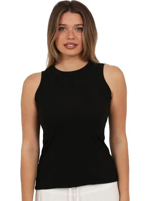 24SEVEN COMFORT APPAREL Sleeveless Ribbed Knit Round Neck Tank Top - Black