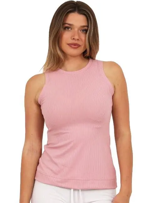 24SEVEN COMFORT APPAREL Sleeveless Ribbed Knit Round Neck Tank Top - Blush