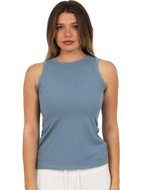 24SEVEN COMFORT APPAREL Sleeveless Ribbed Knit Round Neck Tank Top - Denim