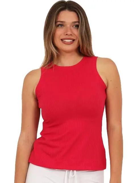 24SEVEN COMFORT APPAREL Sleeveless Ribbed Knit Round Neck Tank Top - Fuchsia
