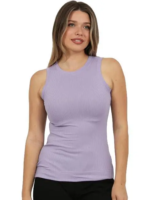 24SEVEN COMFORT APPAREL Sleeveless Ribbed Knit Round Neck Tank Top - Lilac