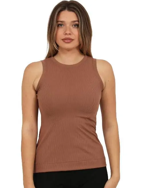 24SEVEN COMFORT APPAREL Sleeveless Ribbed Knit Round Neck Tank Top - Mocha