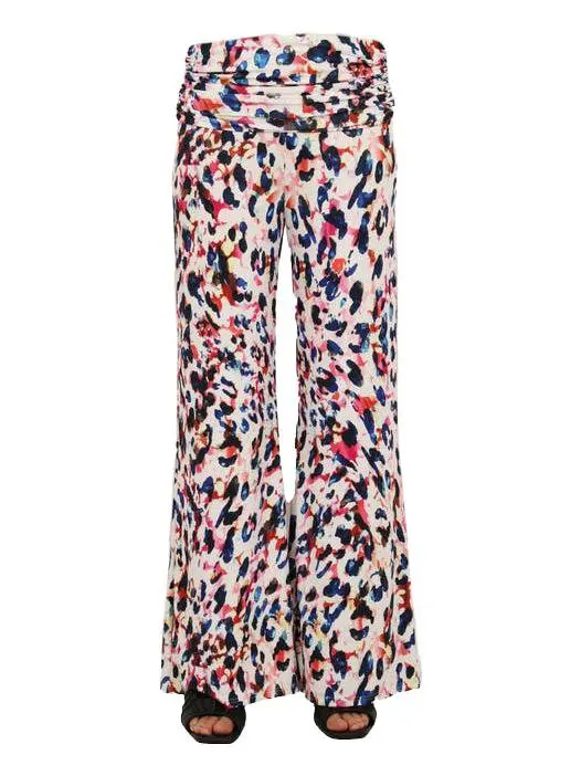24SEVEN COMFORT APPAREL Cheetah Print Foldover Waist Wide Leg Pants - White Multi