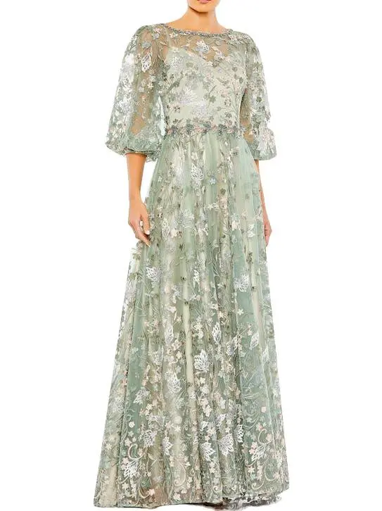 Mac Duggal Embroidered High Neck A-line Gown With 3/4 Puff Sleeves - Pastel Multi