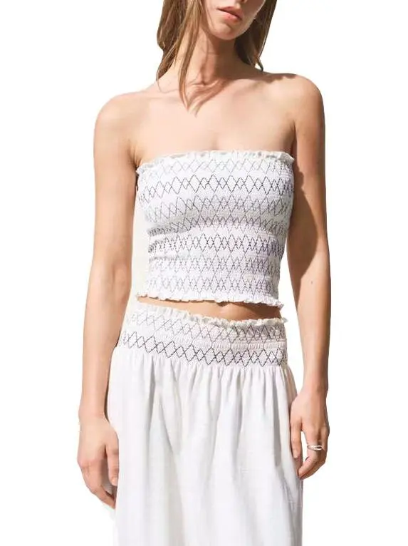 Mango Embroidered Smocked Waist Cotton Maxi Skirt - Off White